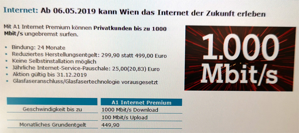 Erstes Gigabit-Internet von A1 kostet 11.147 Euro | LTE-Forum Österreich