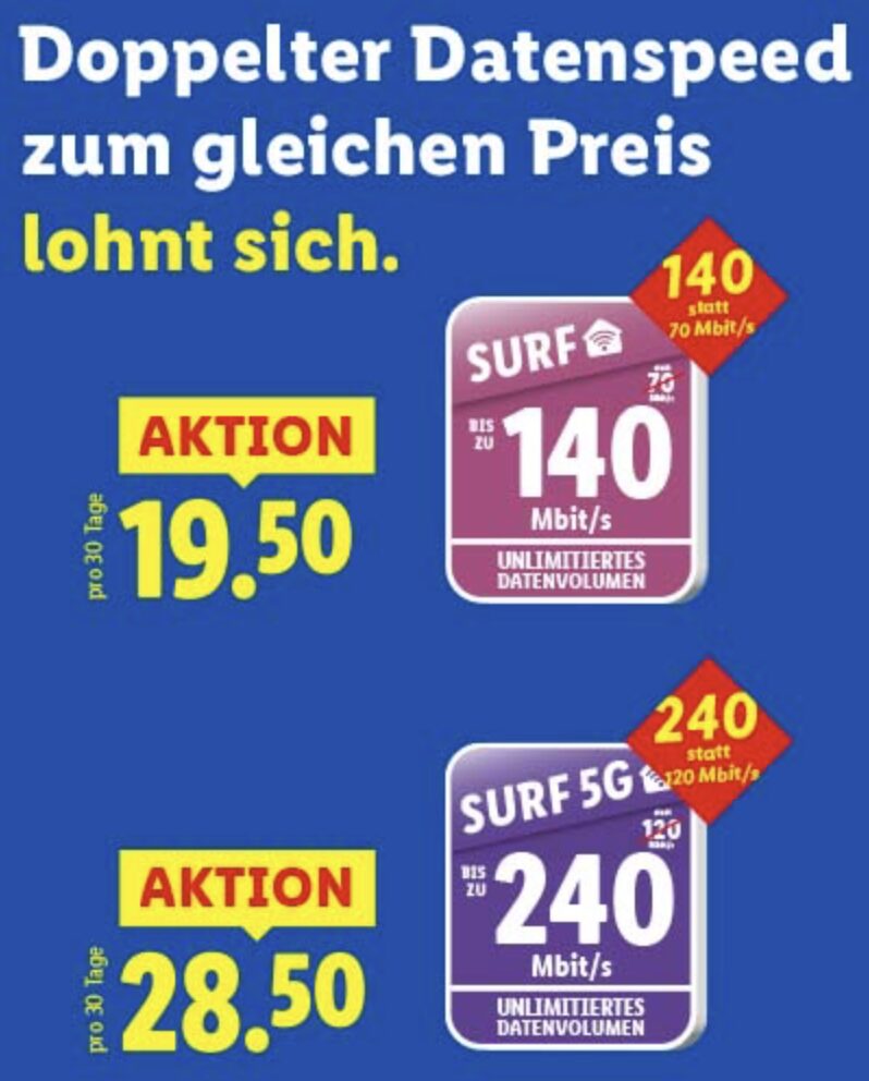 Lidl Surf mit doppelten Speed bis 140 Mbit/s | LTE-Forum Österreich